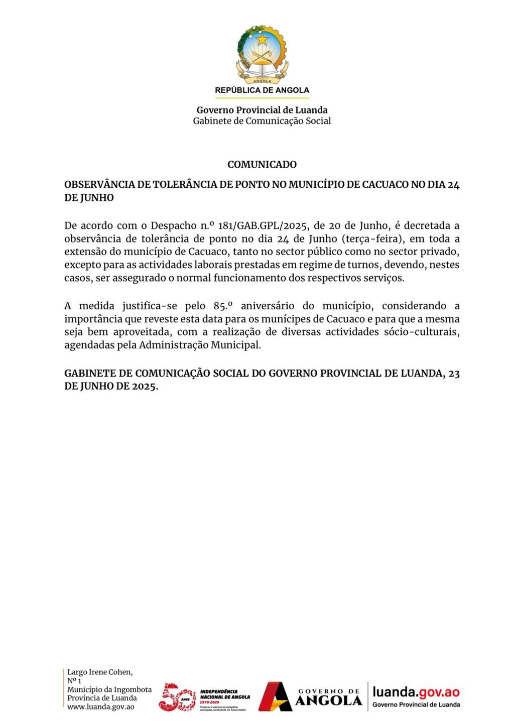 COMUNICADO - OBSERVÂNCIA DE TOLERÂNCIA DE PONTO NO MUNICÍPIO DE CACUACO ...